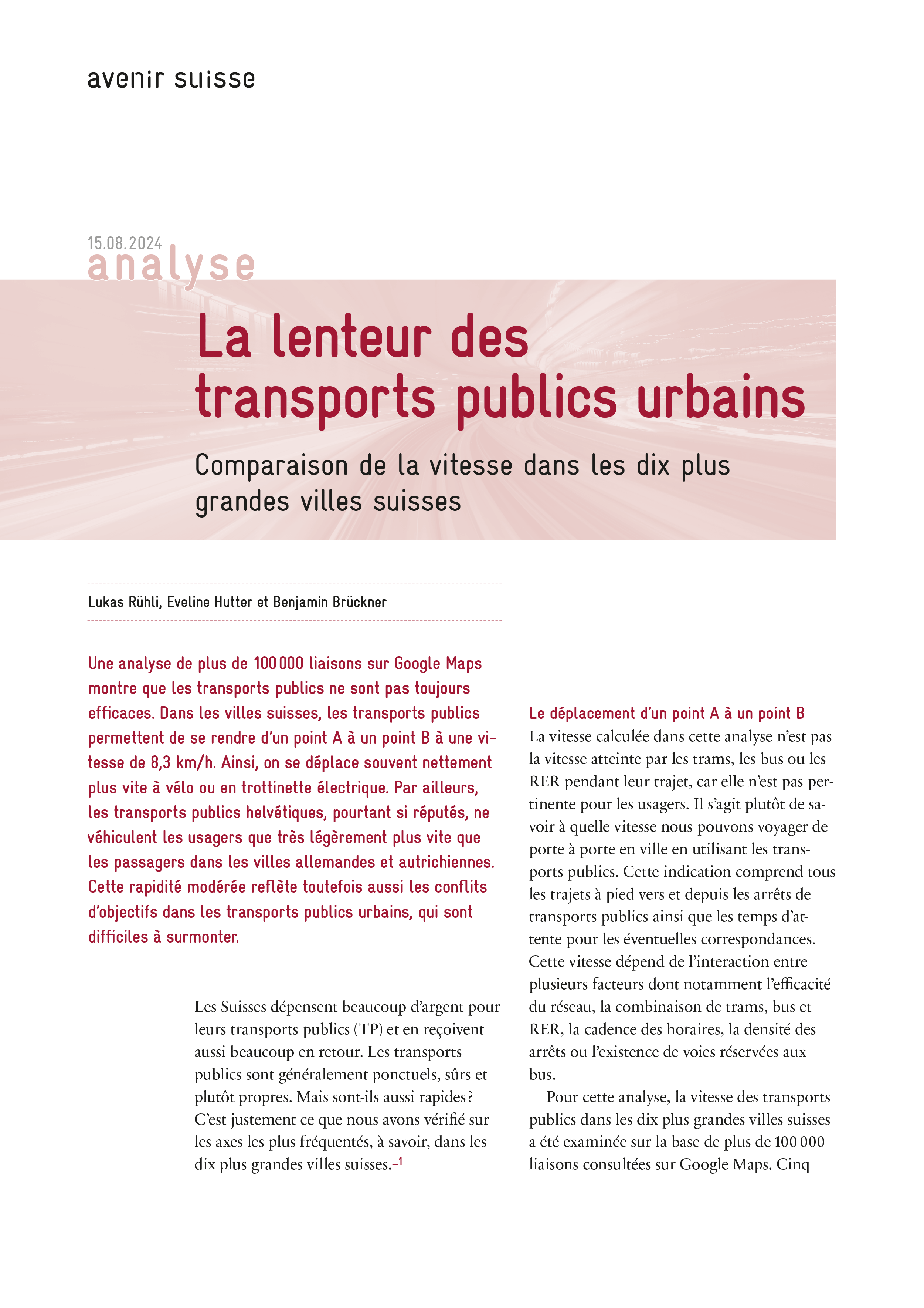 La lenteur des transports publics urbains - Avenir Suisse
