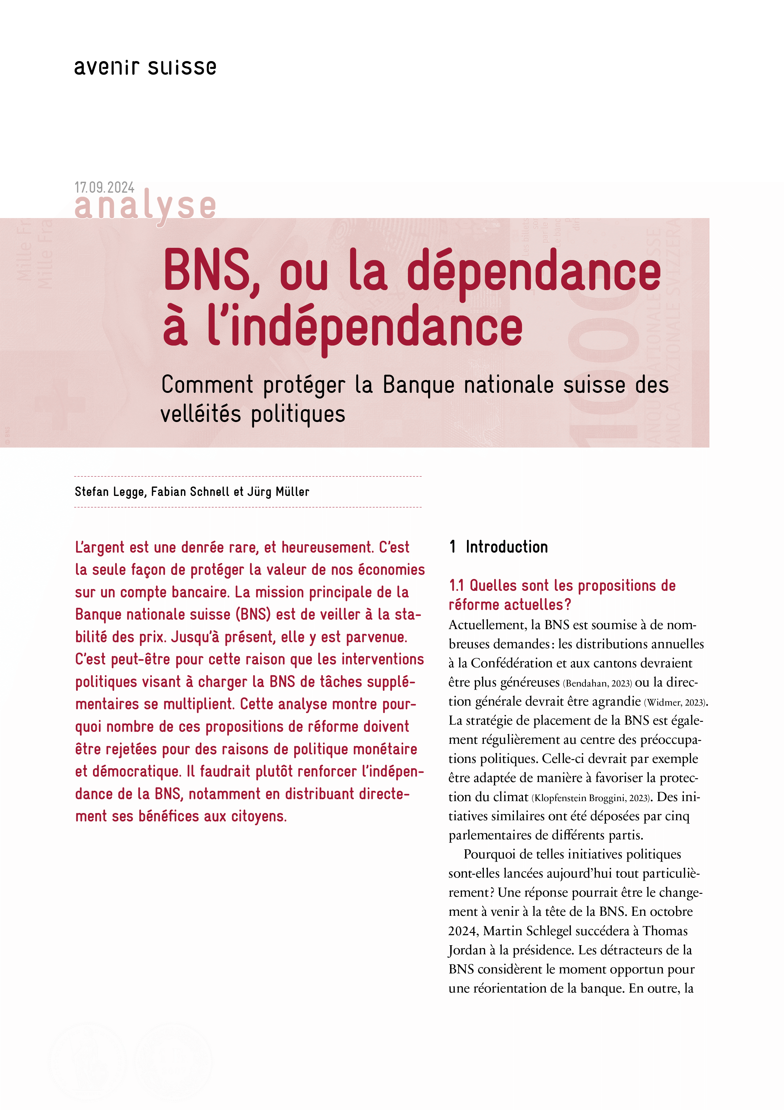BNS, ou la dépendance à l’indépendance - Avenir Suisse