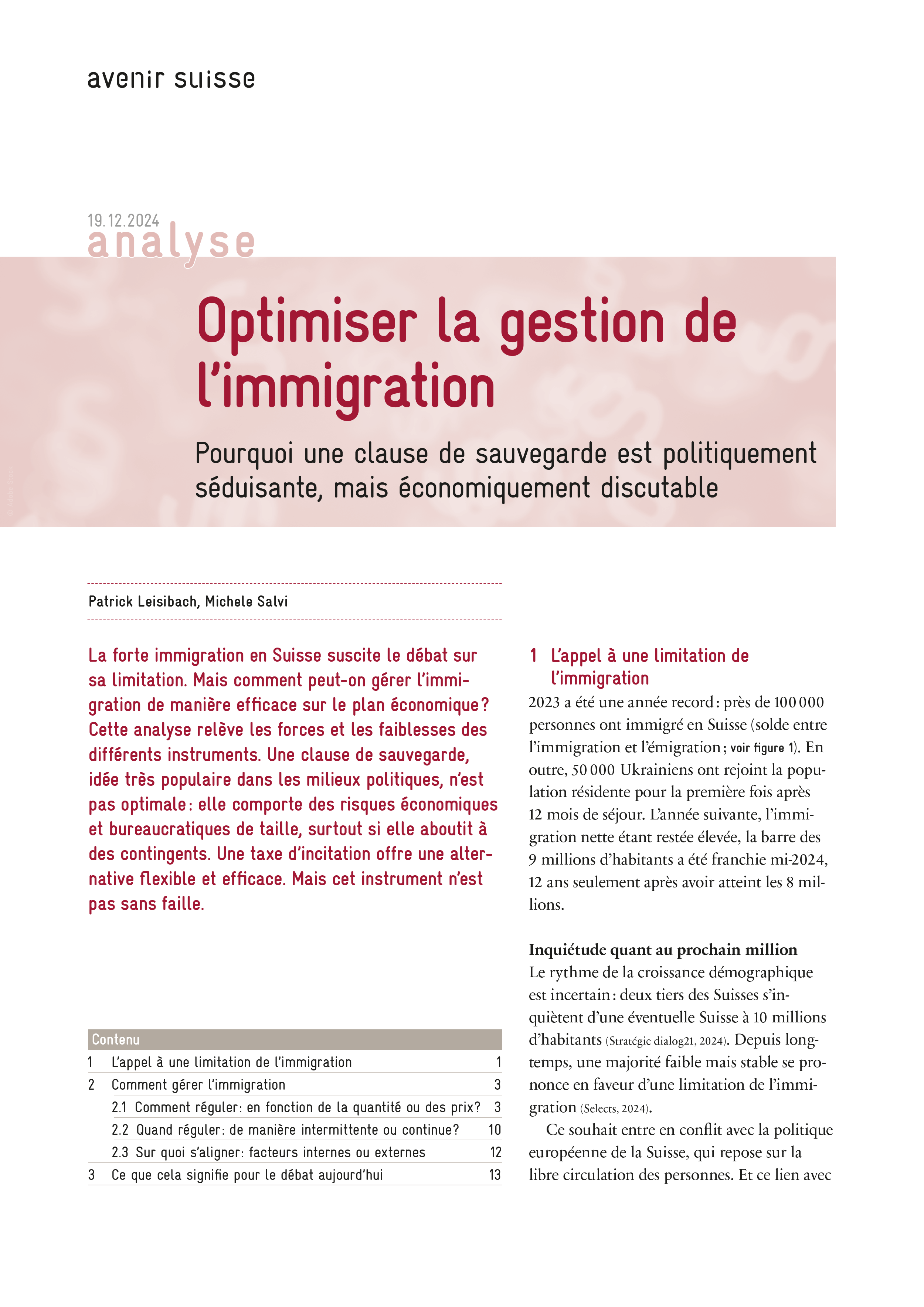 Optimiser la gestion de l'immigration - Avenir Suisse